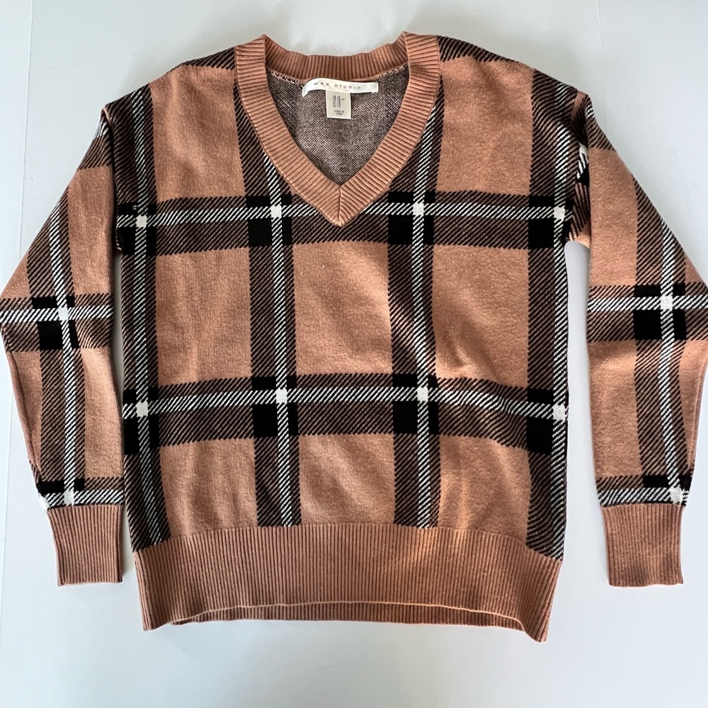 Max Studio - Plaid Block Sweater In Brown, Black And … - Gem